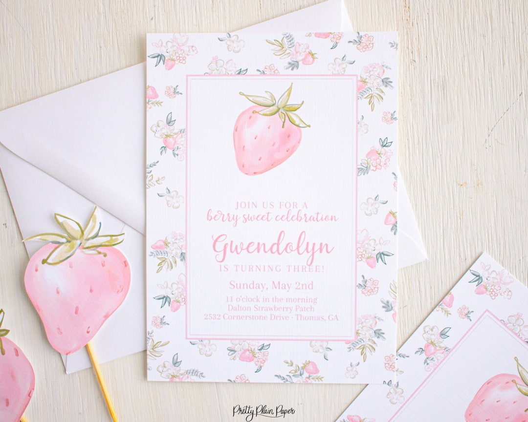 Watercolor Floral & Strawberry Birthday Invitation, Strawberry Garden ...