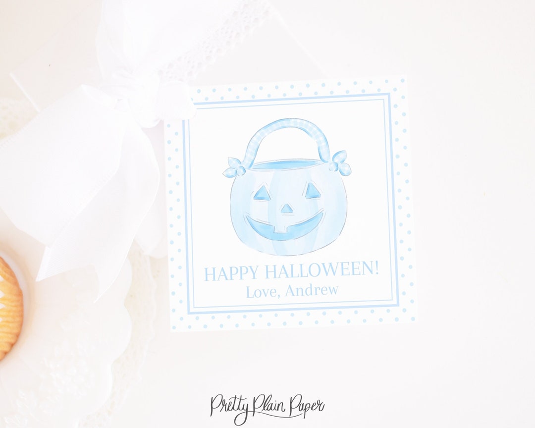 Watercolor Blue Halloween Pumpkin Pail for Boy | 3.5x3.5 Printable ...