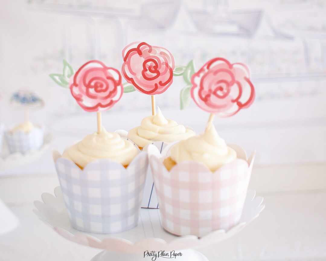 Red Rose Watercolor Printable Cupcake Toppers Download 0106 - Etsy
