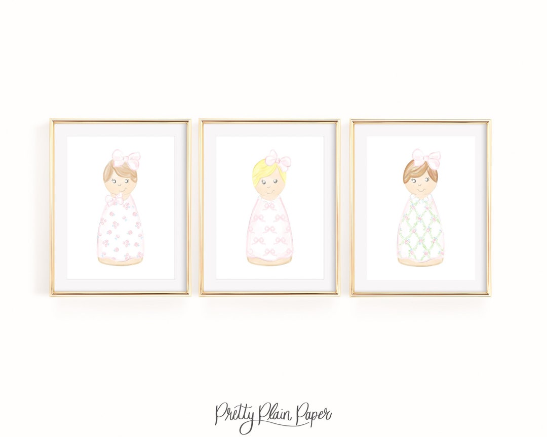 Set of 3 | Watercolor Wood Peg Doll Prints | 11x14 | Printable | Pink ...