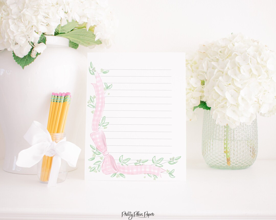 Pink Gingham Ribbon and Bow Lined Watercolor Printable Stationary for ...