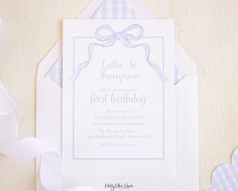 Watercolor Blue Bow Birthday Invitation Bow Theme Birthday - Etsy