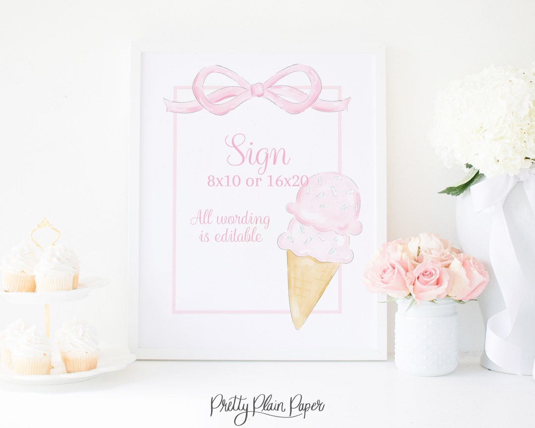 Party Sign | 8x10 or 16x20 Printable | Watercolor Pink Ice Cream Cone ...