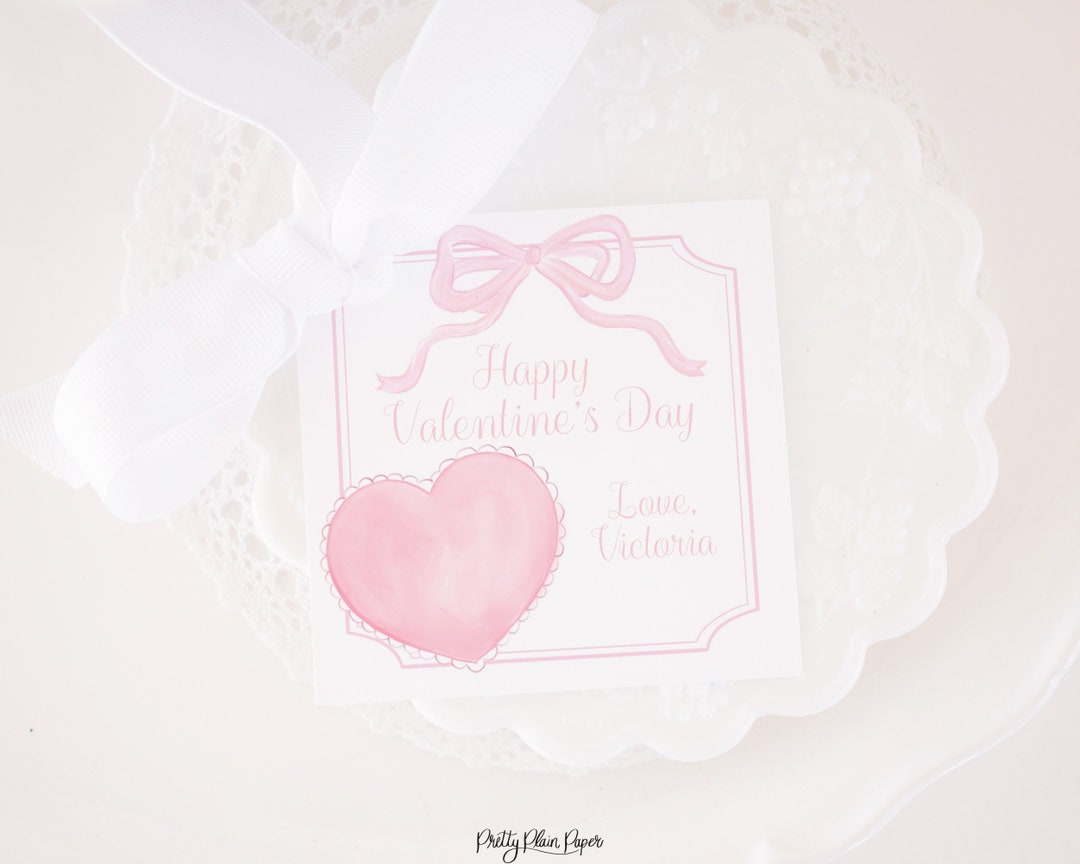 Pink Bow & Pink Heart Valentine Tag for a Valentine's Day | Watercolor ...
