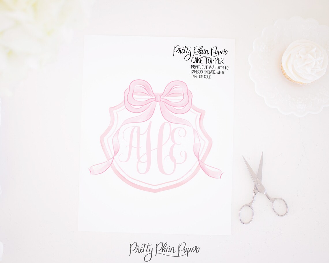Watercolor Monogram Crest Cake Topper | Printable | Pink Monogram Crest ...
