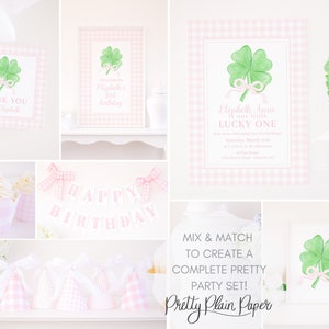 Pink Gingham & Watercolor Four Leaf Clover Birthday Invitation | Lucky ...