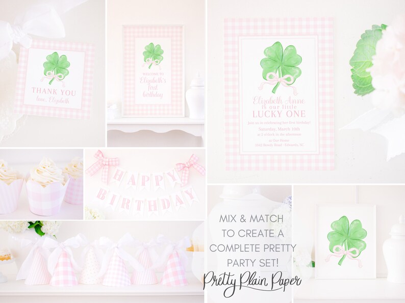 Pink Gingham & Watercolor Four Leaf Clover Birthday Invitation - Etsy
