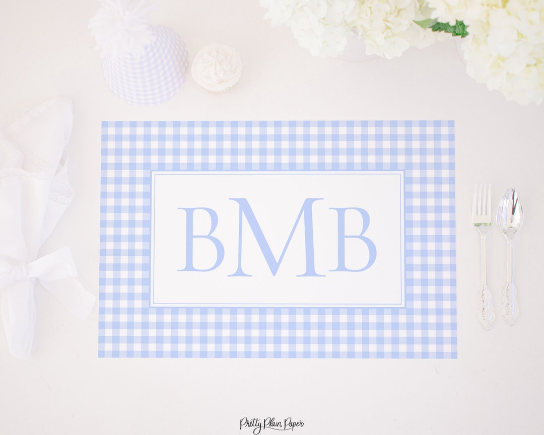 Monogram Blue Gingham Placemat | 12x18 | Printable Download | Blue ...