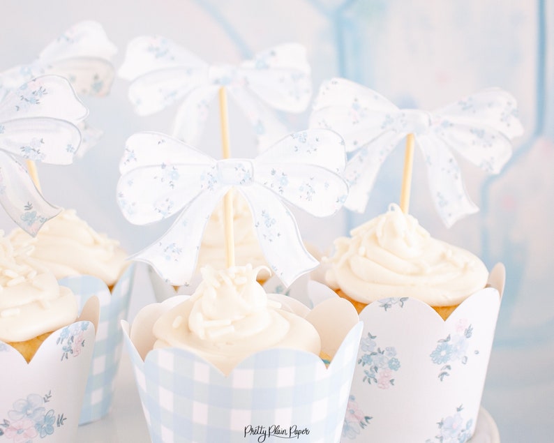 Blue Floral Bow Watercolor Printable Cupcake Toppers Download - Etsy