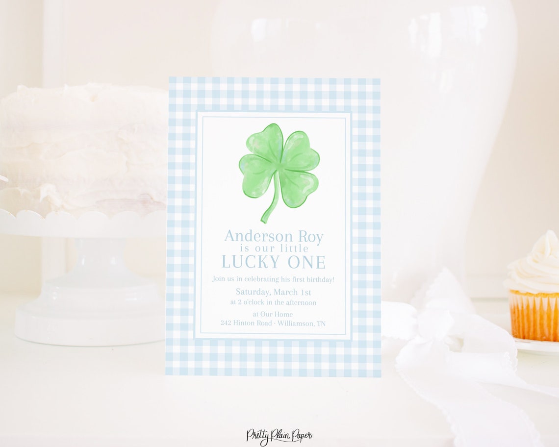 Watercolor Four Leaf Clover Birthday Invitation | Lucky ONE First ...