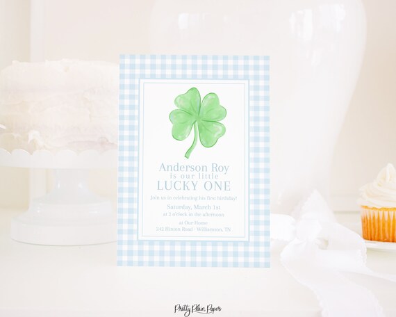 Watercolor Four Leaf Clover Birthday Invitation Lucky ONE | Etsy