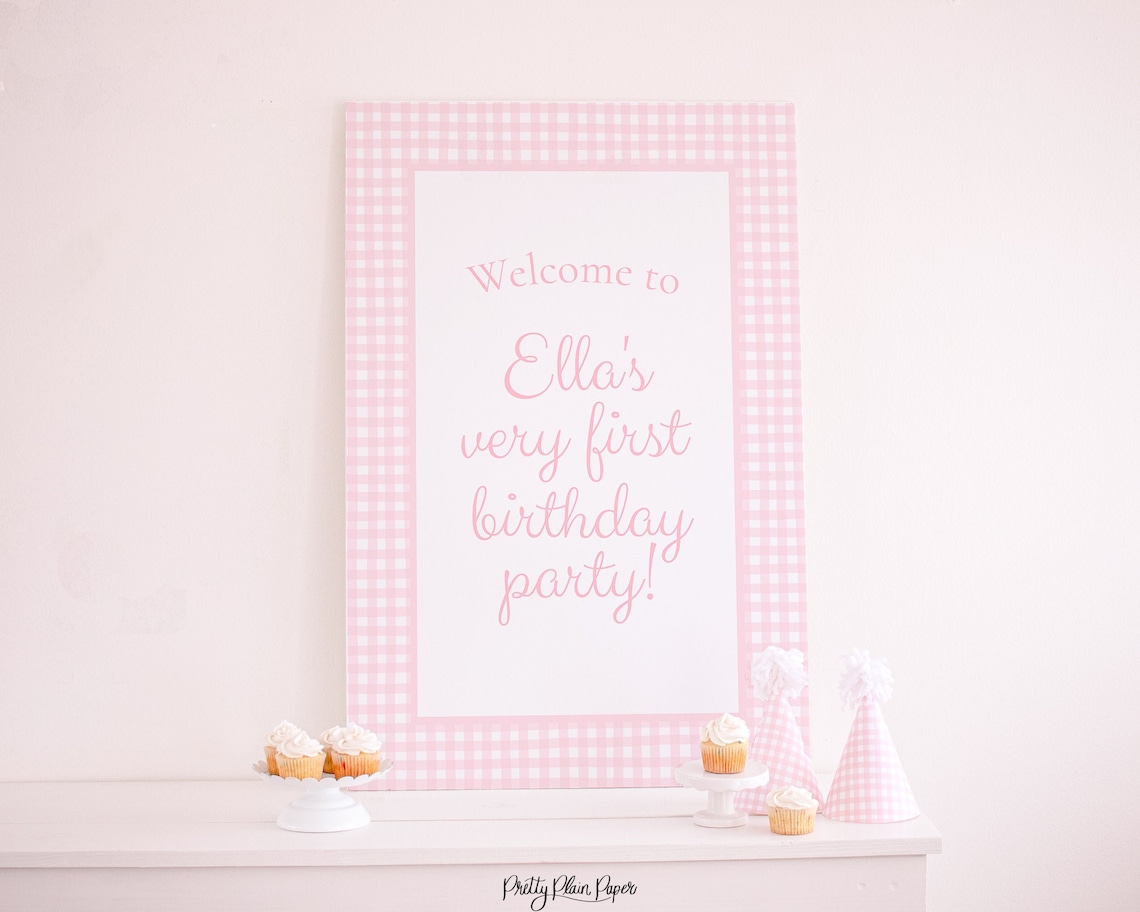 Watercolor Pink Gingham Welcome Sign - Etsy