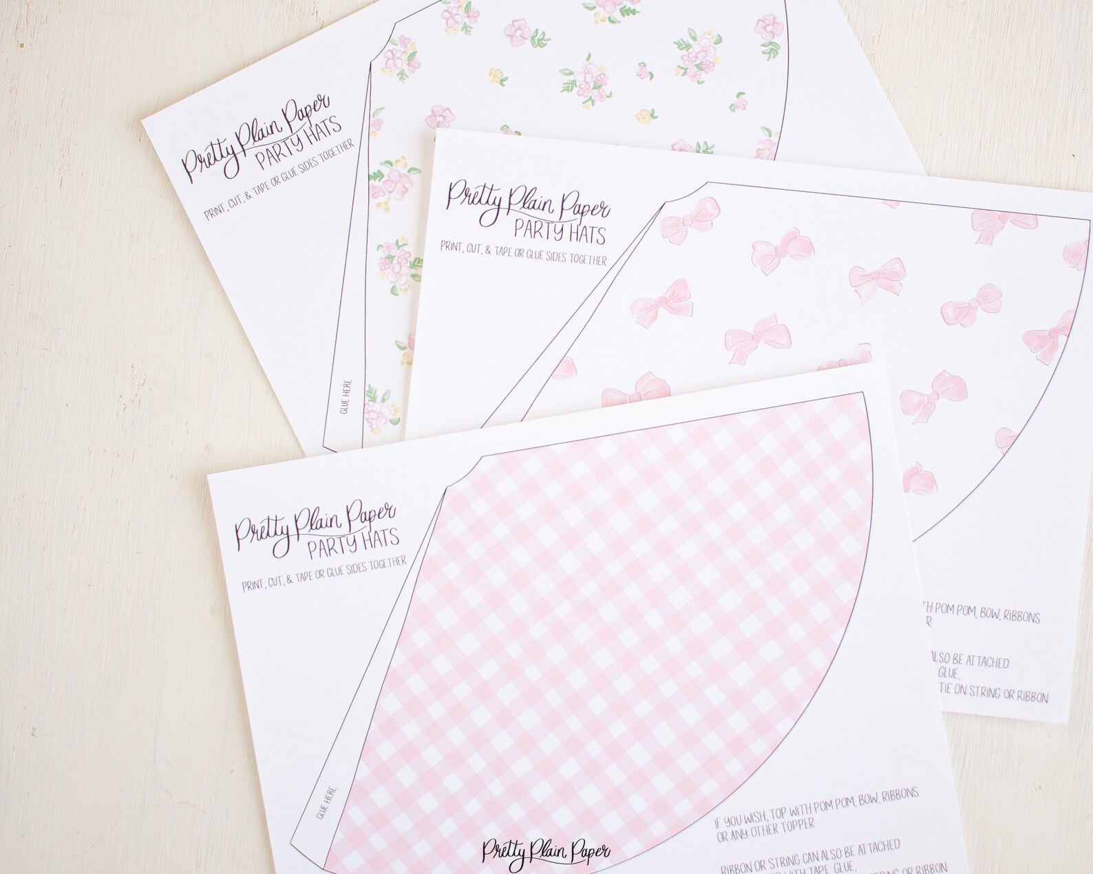 Pink Gingham, Bows, & Floral Party Hats Watercolor Printable Party Hats ...