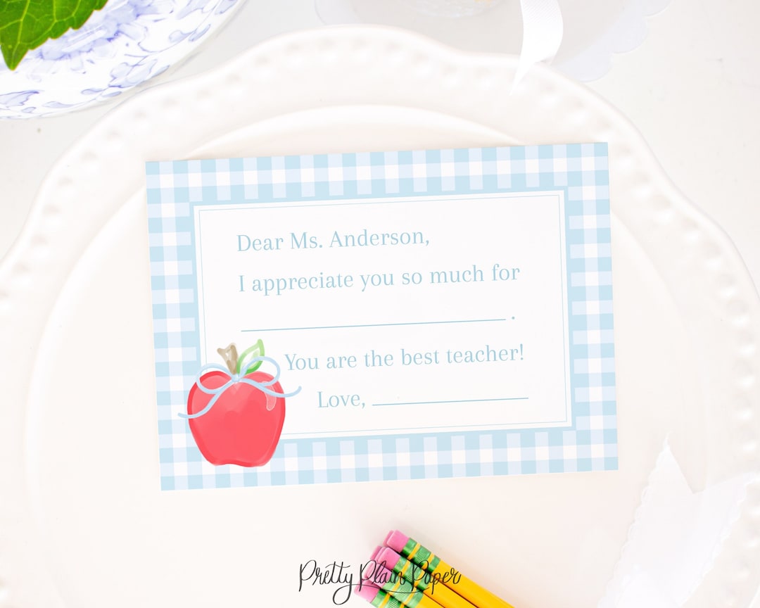 Blue Gingham Fill in Teacher Appreciation Note | 5x7 Printable ...