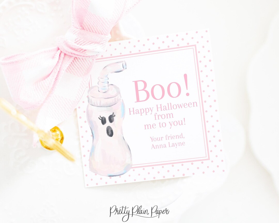 Pink Halloween Tag | Printable | Watercolor Pink Ghost Cup | Plastic ...