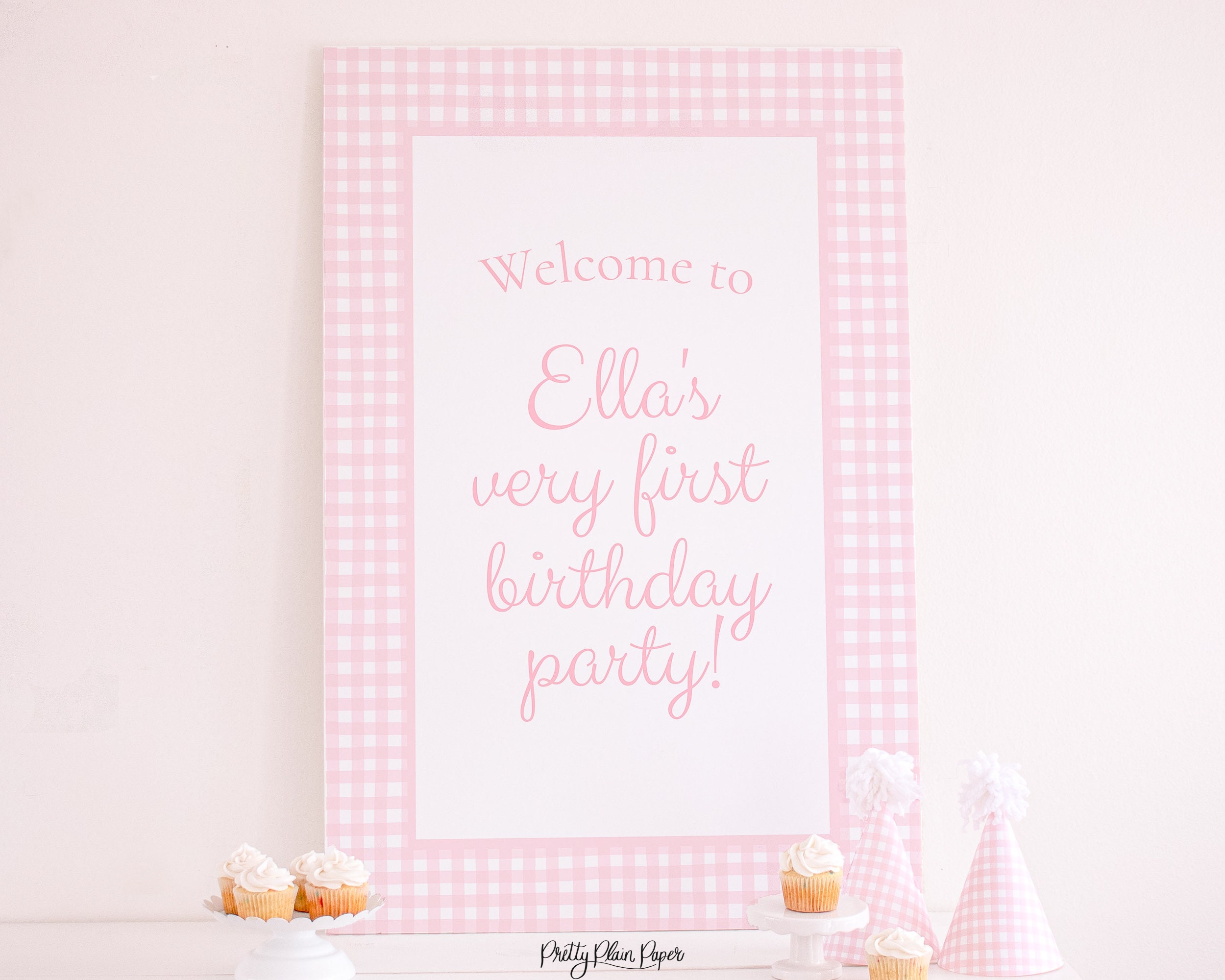 Watercolor Pink Gingham Welcome Sign, 24''x36'' | Watercolor Pink ...