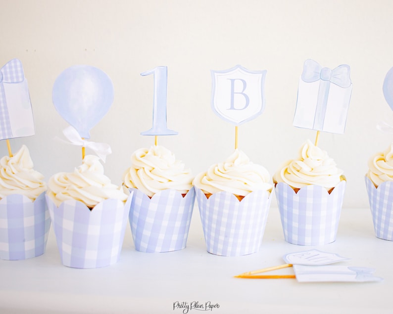 Watercolor Blue ONE Balloon & Crest Monogram Cupcake Toppers - Etsy