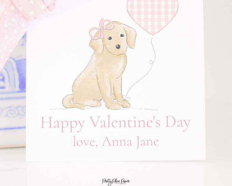 Puppy With Pink Bow and Gingham Heart Balloon Valentine Tag - Etsy