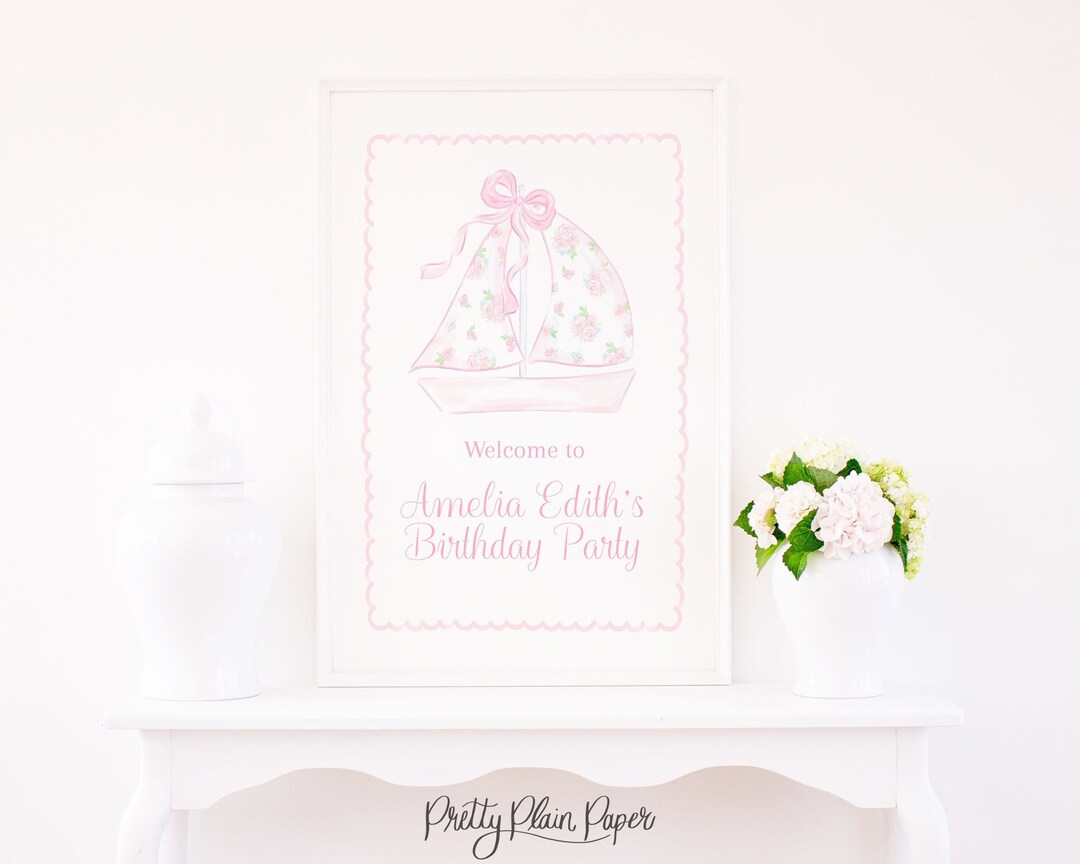 Watercolor Pink Sailboat Welcome Sign | 24x36 Printable | Pink Bow ...