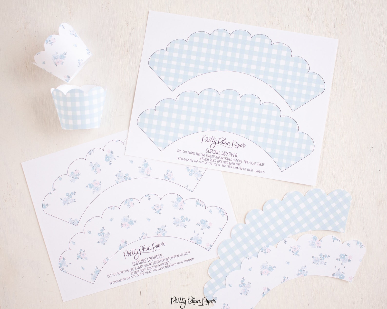 Blue Floral & Gingham Cupcake Wrappers - Watercolor Printable Cupcake ...