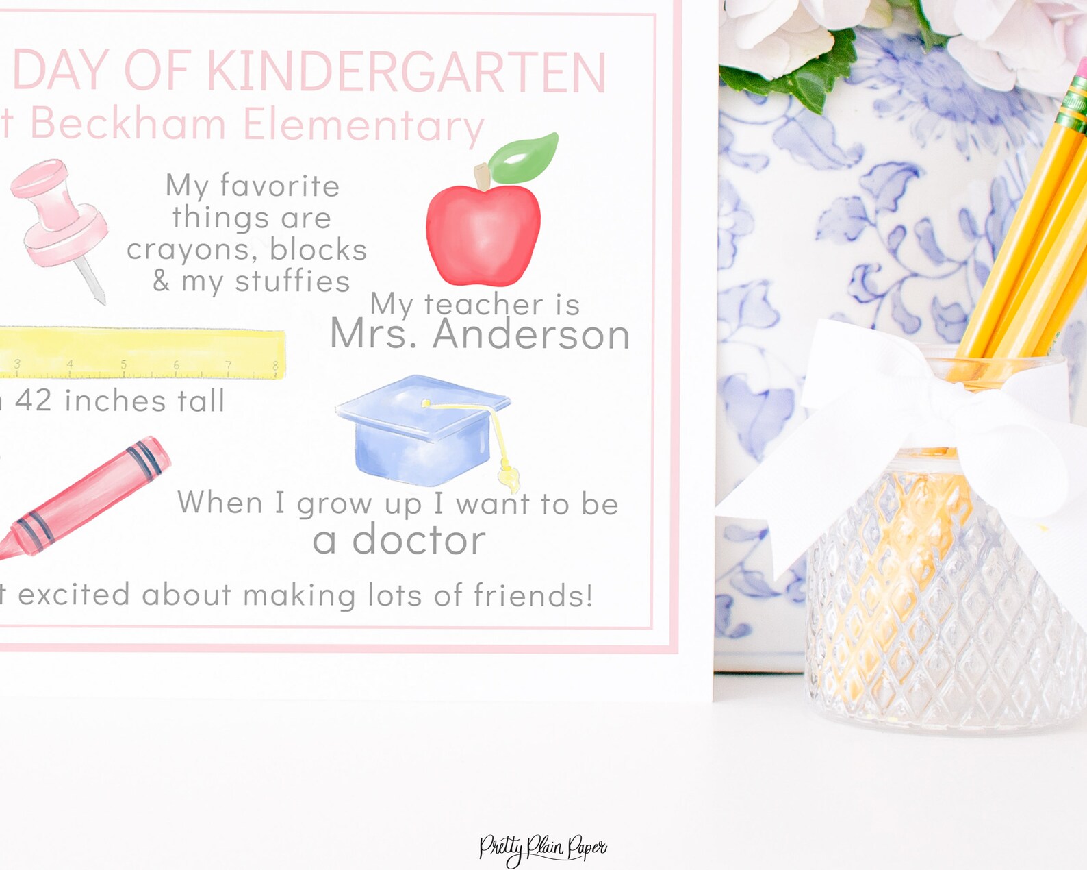 Watercolor First Day of School Sign in Pink Fill-in the - Etsy