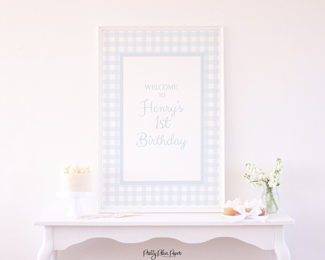 Watercolor Soft Blue Gingham Birthday Welcome Sign 24''x36'' | Blue ...