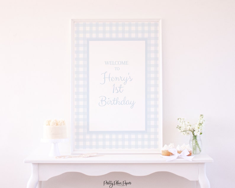 Watercolor Soft Blue Gingham Birthday Welcome Sign - Etsy