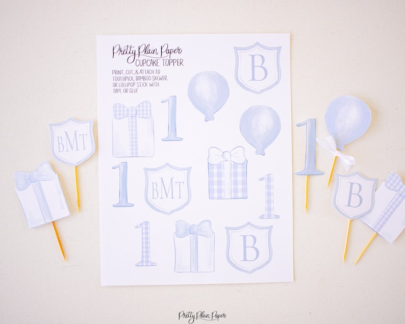 Watercolor Blue ONE Balloon & Crest Monogram Cupcake Toppers - Etsy