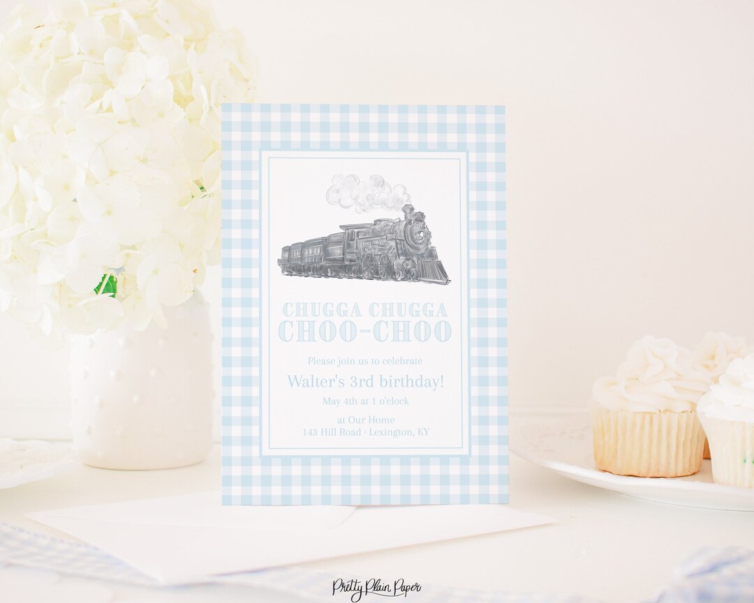 Watercolor Blue Gingham Train Invitation | Chugga Chugga Choo Choo ...