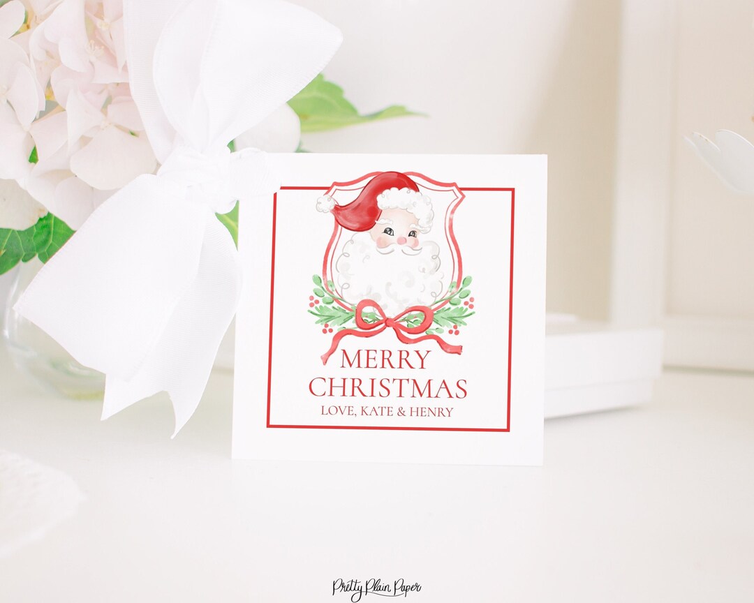 Red Santa Crest Watercolor Christmas Gift Tag or Treat Tag | Watercolor ...