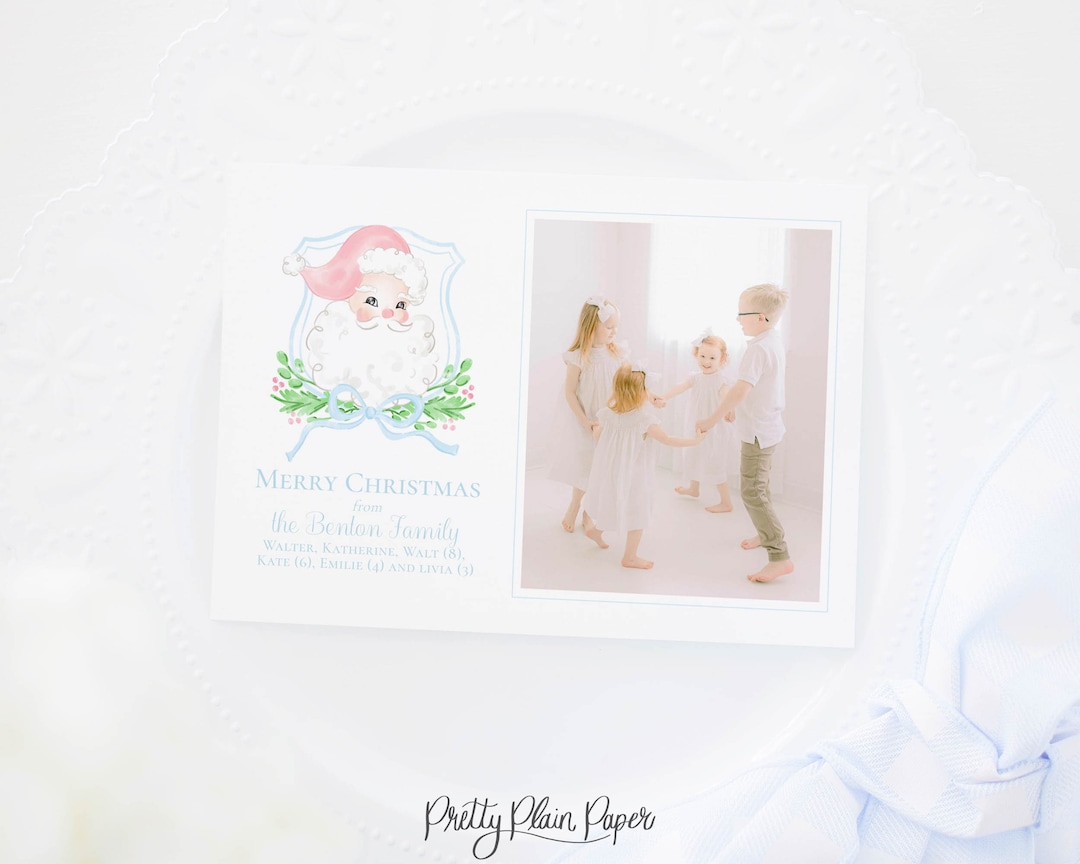 Blue and Pink Santa Crest | Watercolor Santa Crest With Bow | Christmas ...