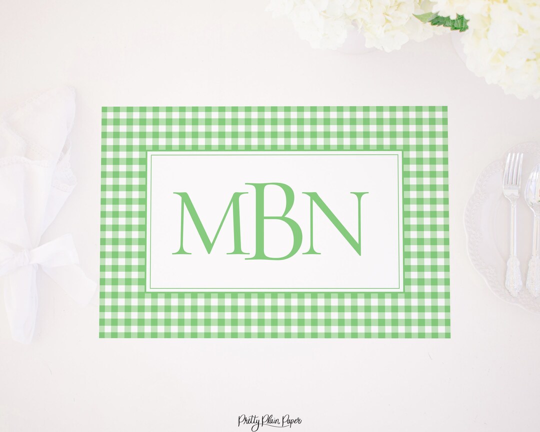 Monogram Green Gingham Placemat | 12x18 | Printable Download | Green ...