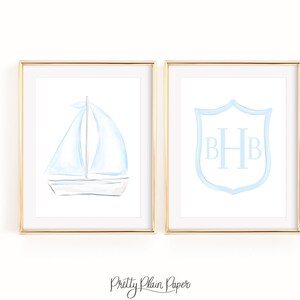 Set of 3 Prints | 11x14 | Light Blue Sailboats With Monogram Crest ...