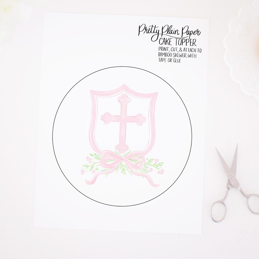 Circle Cake Topper | 8.5x11 Printable PDF | Watercolor Crest With Cross ...