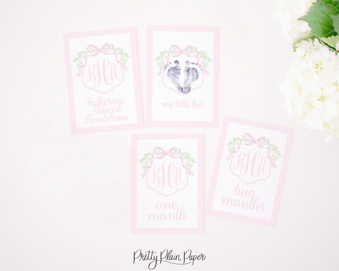 Monthly Milestone Cards | 5x7 | Watercolor Pink Crest With Monogram and ...