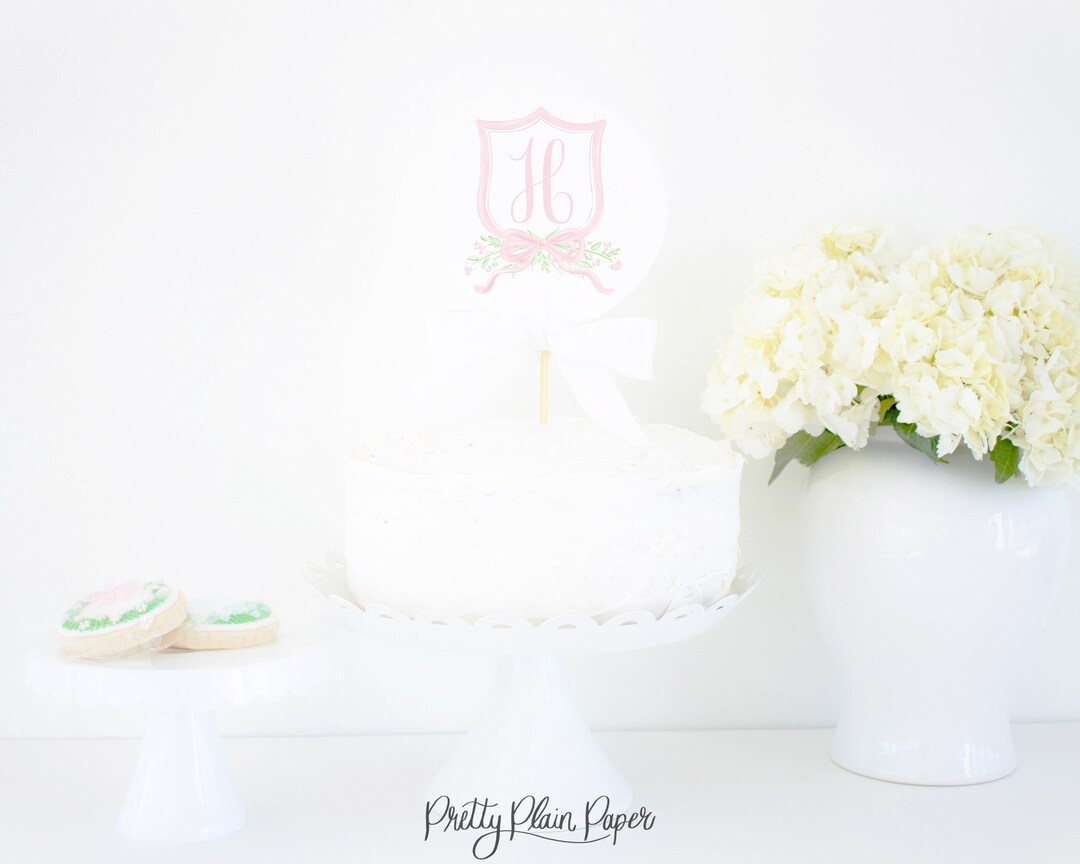 Watercolor Monogram Crest Cake Topper | Printable | Pink Monogram Crest ...