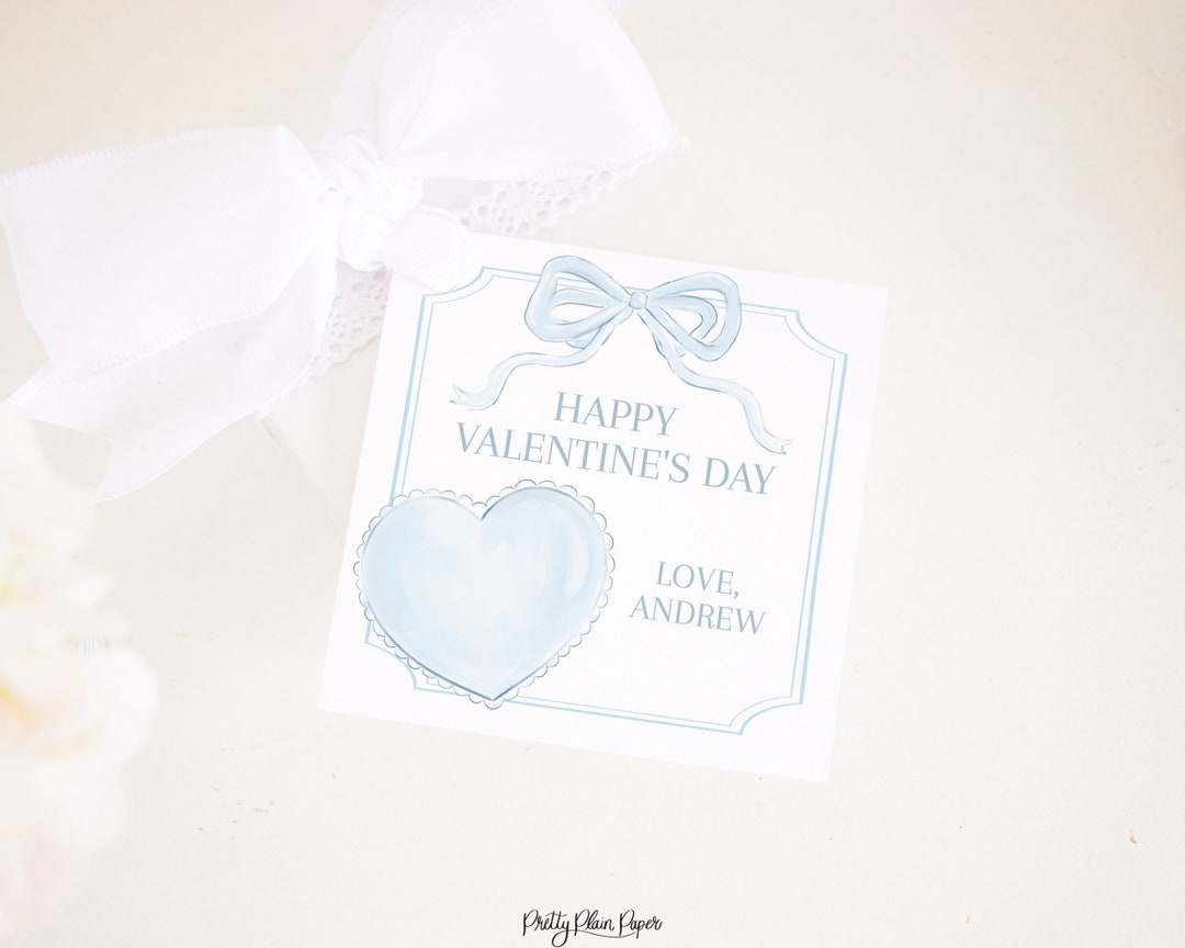 Watercolor Blue Bow & Blue Heart Valentine Tag for a Valentine's Day ...