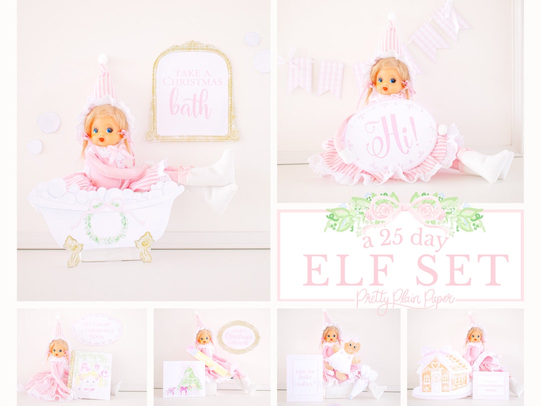 A Complete 25 Day Elf Set in Pink | Watercolor Pink and White Elf Kit ...