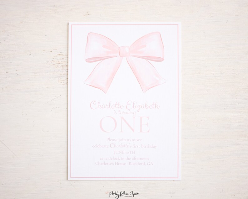 Watercolor Pink Bow First Birthday Invitation 1017 | Etsy