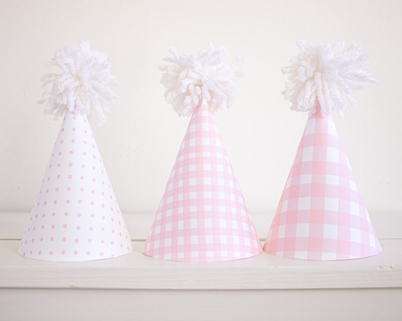 Pink Gingham Party Hat Printable & Pink Dot Party Hat Template ...