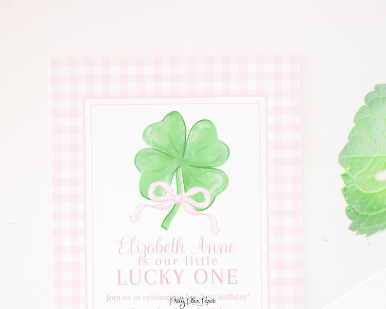 Pink Gingham & Watercolor Four Leaf Clover Birthday Invitation | Lucky ...