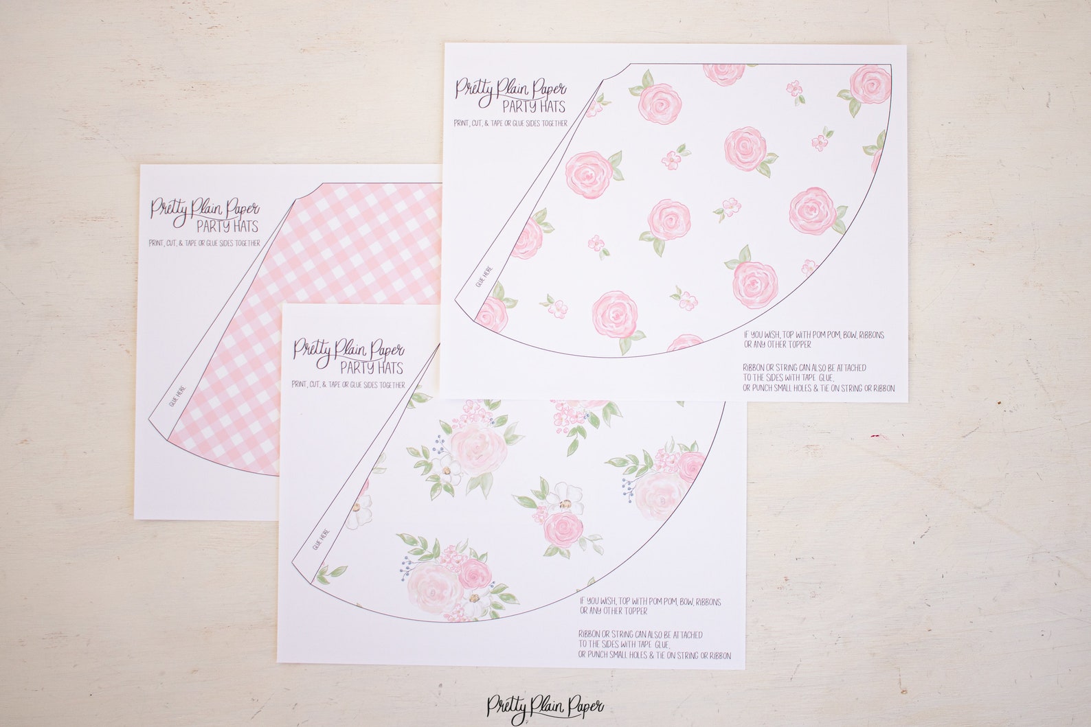 Watercolor Floral Party Hats & Pink Gingham Party Hats Printable ...