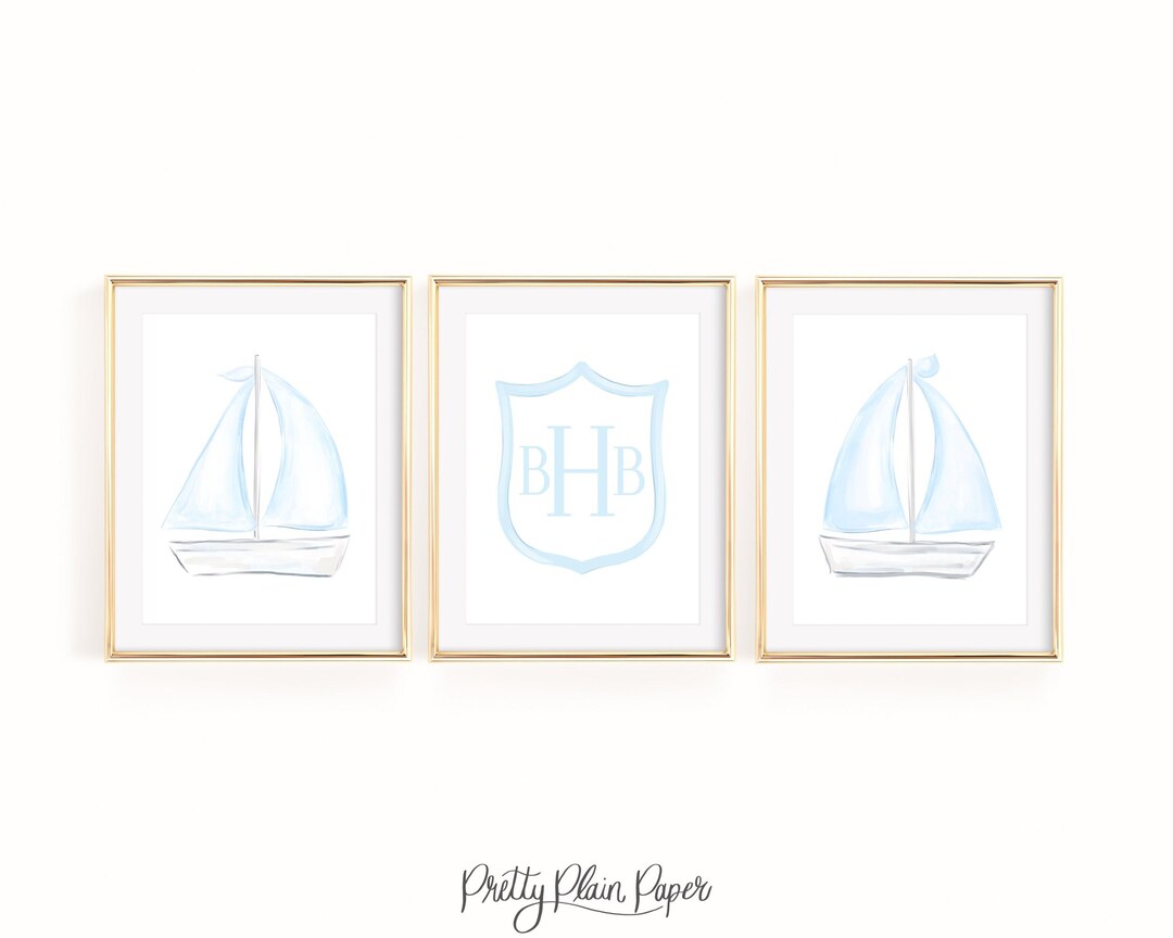 Set of 3 Prints | 11x14 | Light Blue Sailboats With Monogram Crest ...