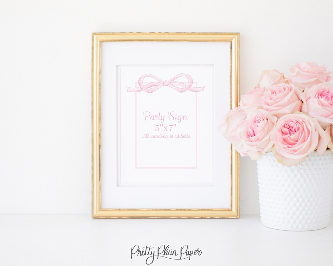 Pink Bow Party Sign | 5x7 Printable | Watercolor Bow | Floral Print ...