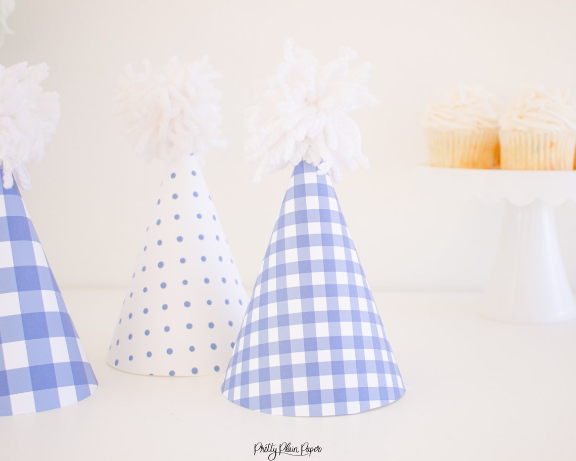 Dark Blue Gingham Party Hats Printable Download Dark Blue | Etsy