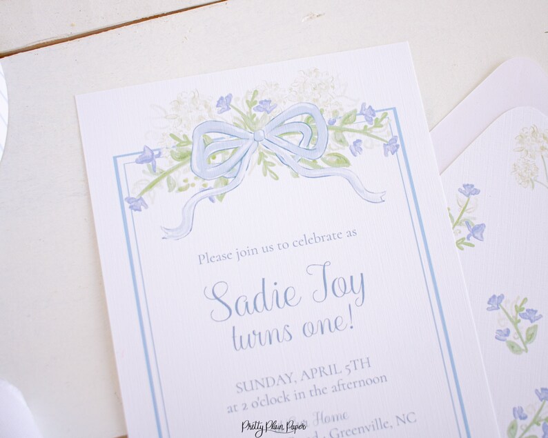 Watercolor Blue Floral & Bow Birthday Invitation Blue Floral - Etsy