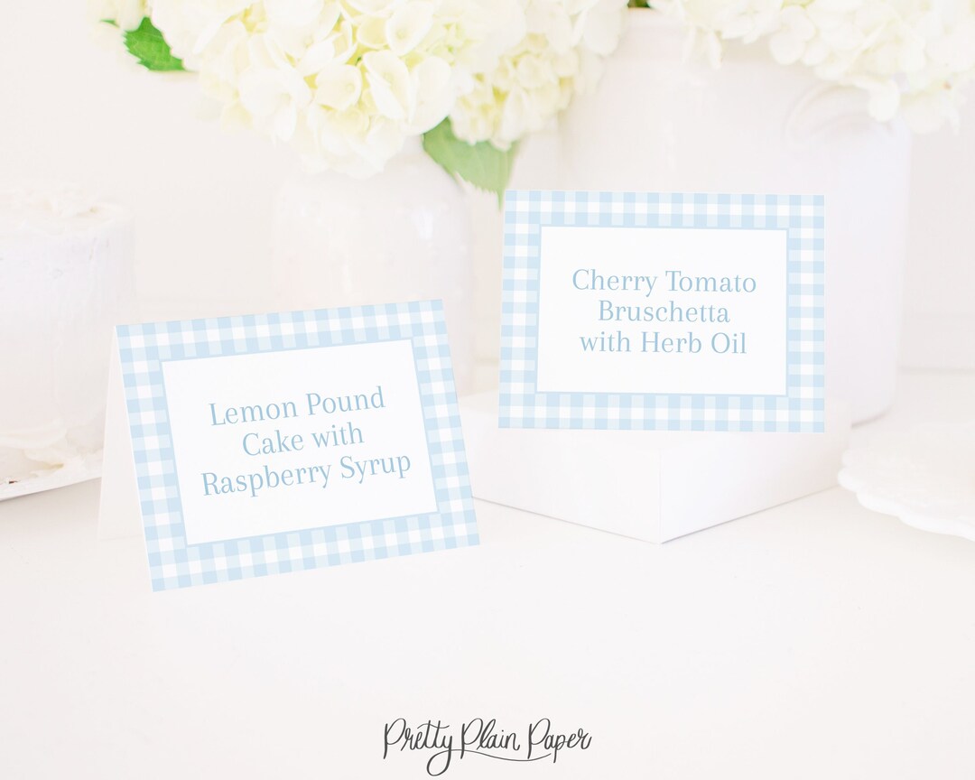 Watercolor Light Blue Gingham Food Labels or Place Cards | 3x4 Tent ...