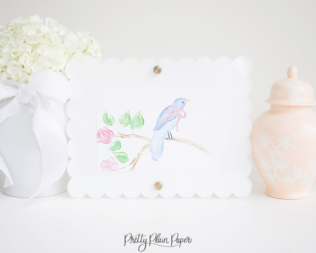 Watercolor Blue Bird With Pink Bow Print | 5x7 Download ...