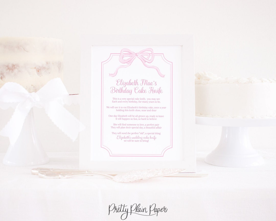 Pink Bow Birthday Cake Knife Sign for First Birthday Party | 8''x10 ...
