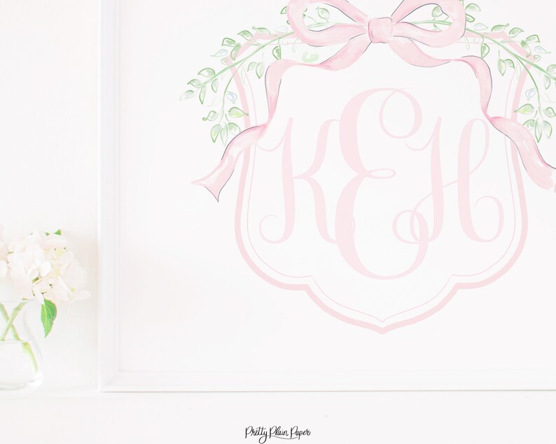 Watercolor Monogram Crest Artwork Pink Floral & Bow - Etsy